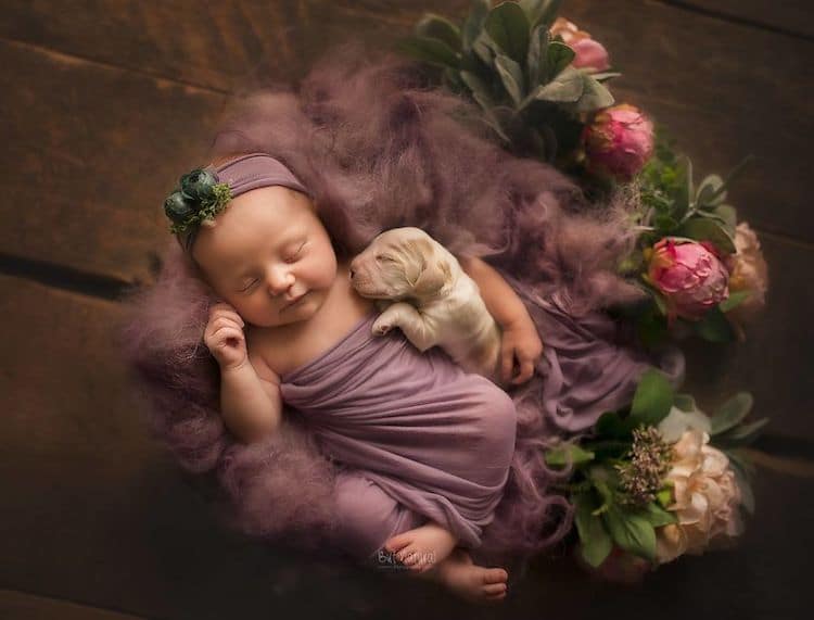 Beautiful Portraits of Newborn Babies Snuggling With Baby Animals | artFido